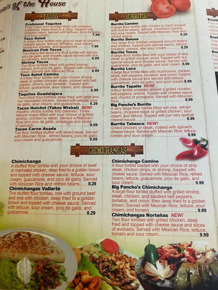 Menu at Los Tres Caminos restaurant, Marshall