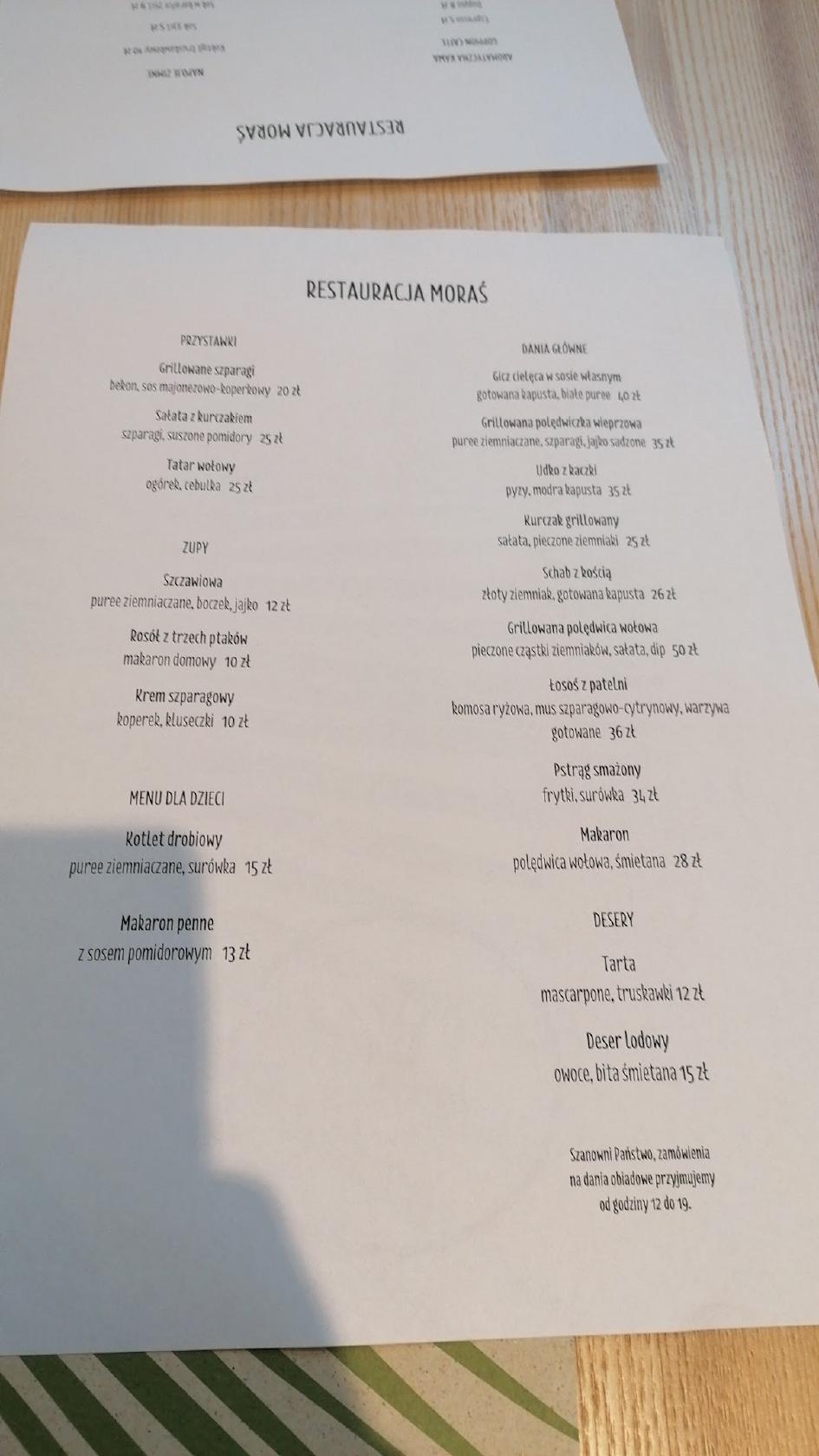 Menu at Restauracja Moraś restaurant, Skoki