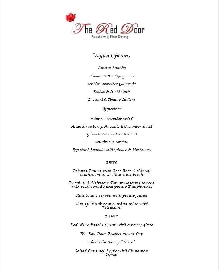 Menu at The Red Door restaurant, Bloemfontein