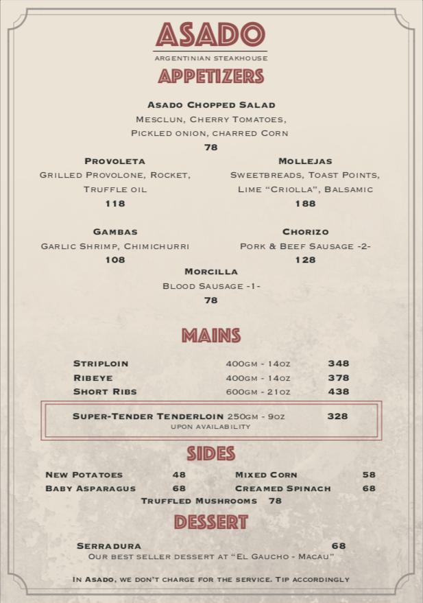Menu at Asado - Argentinian Steakhouse (Central), Hong Kong