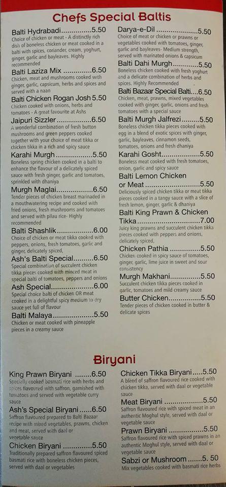 Menu at Ash's Balti Restaurant, Pontefract