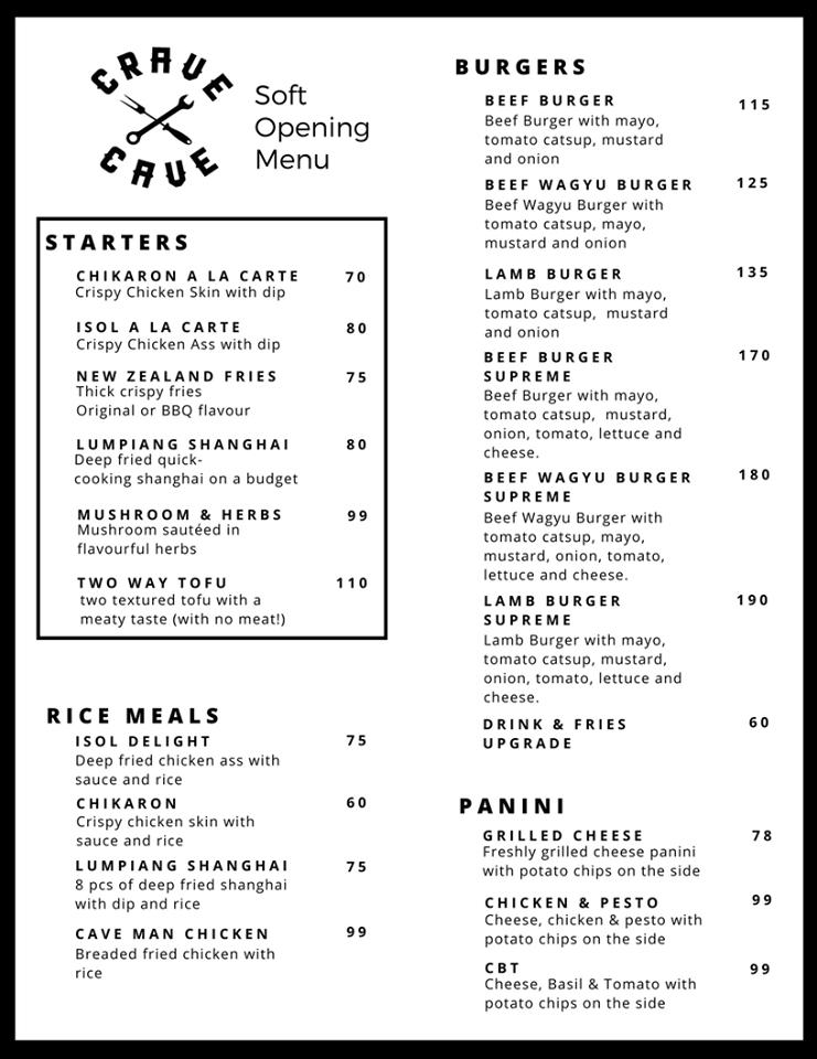 Menu at Crave Cave pub & bar, Parañaque