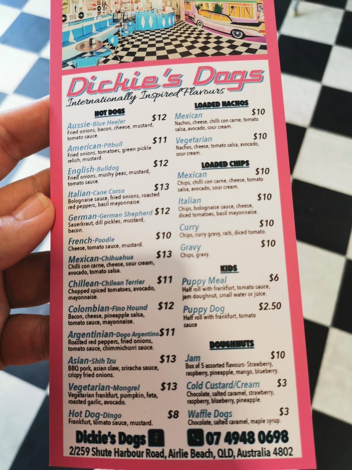 Menu at Dickie's Dogs restaurant, Airlie Beach