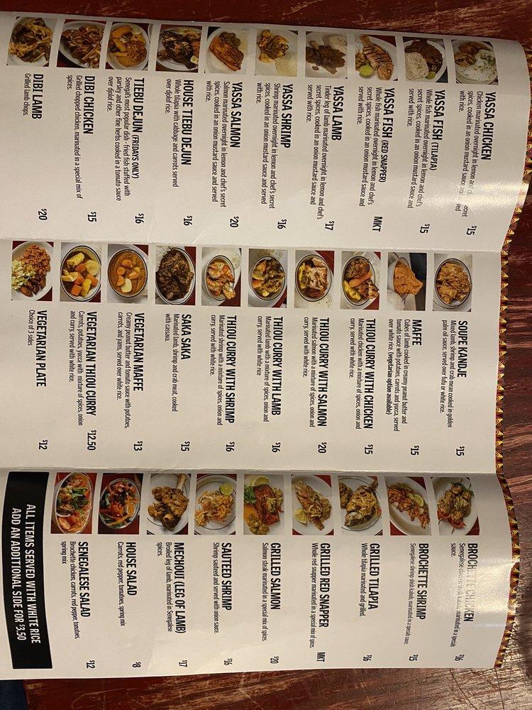 Menu at Gorée Cuisine restaurant, Chicago