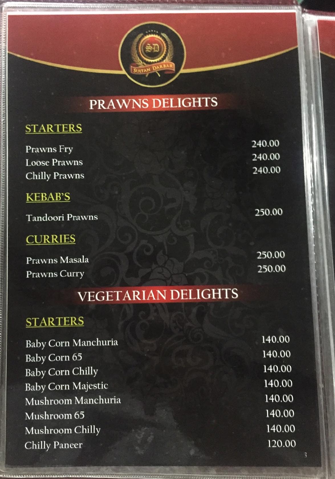 Menu at Sultan Darbar, Hyderabad