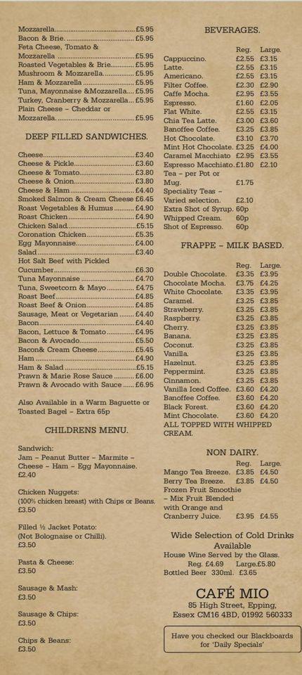 Menu at Cafe Mio, Epping