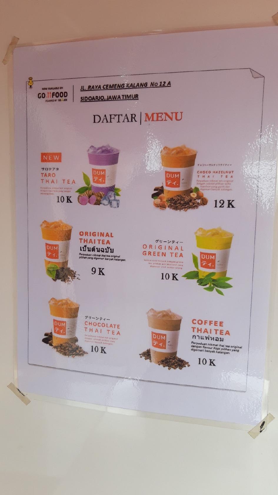 Menu at Dum Thai Tea cafe, Sidoarjo