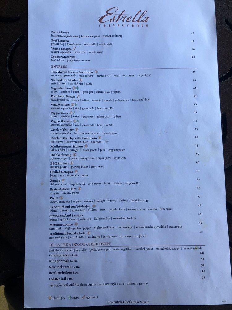 Menu at Estrella restaurant, Cabo San Lucas