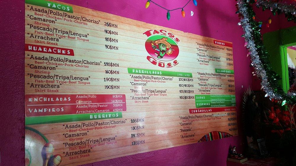 Menu at Guss Tacos restaurant, Cabo San Lucas, Blvd Lazaro Cardenas ...