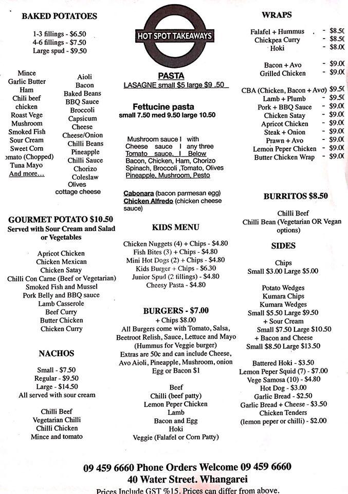 Menu at Hotspot Takeaways restaurant, Whangarei