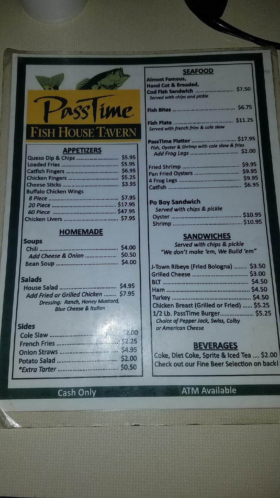 Menu at Passtime Fish House restaurant, Louisville