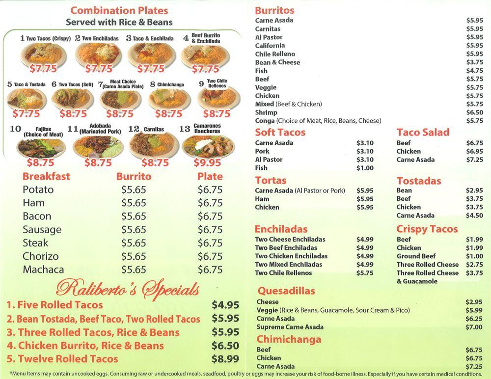 Menu at Raliberto's Taco Shop restaurant, Eureka, 4th St