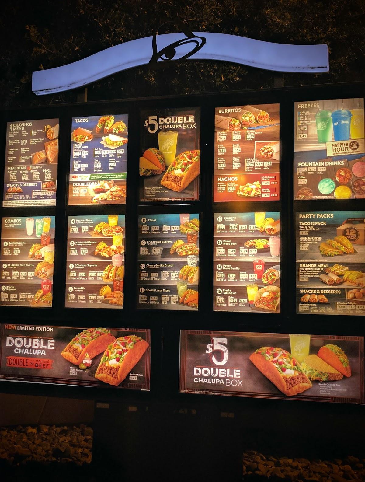 Menu at Taco Bell fast food, Texas City, Palmer Hwy
