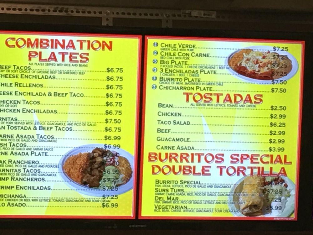 Menu at Tata's Burritos restaurant, Loveland