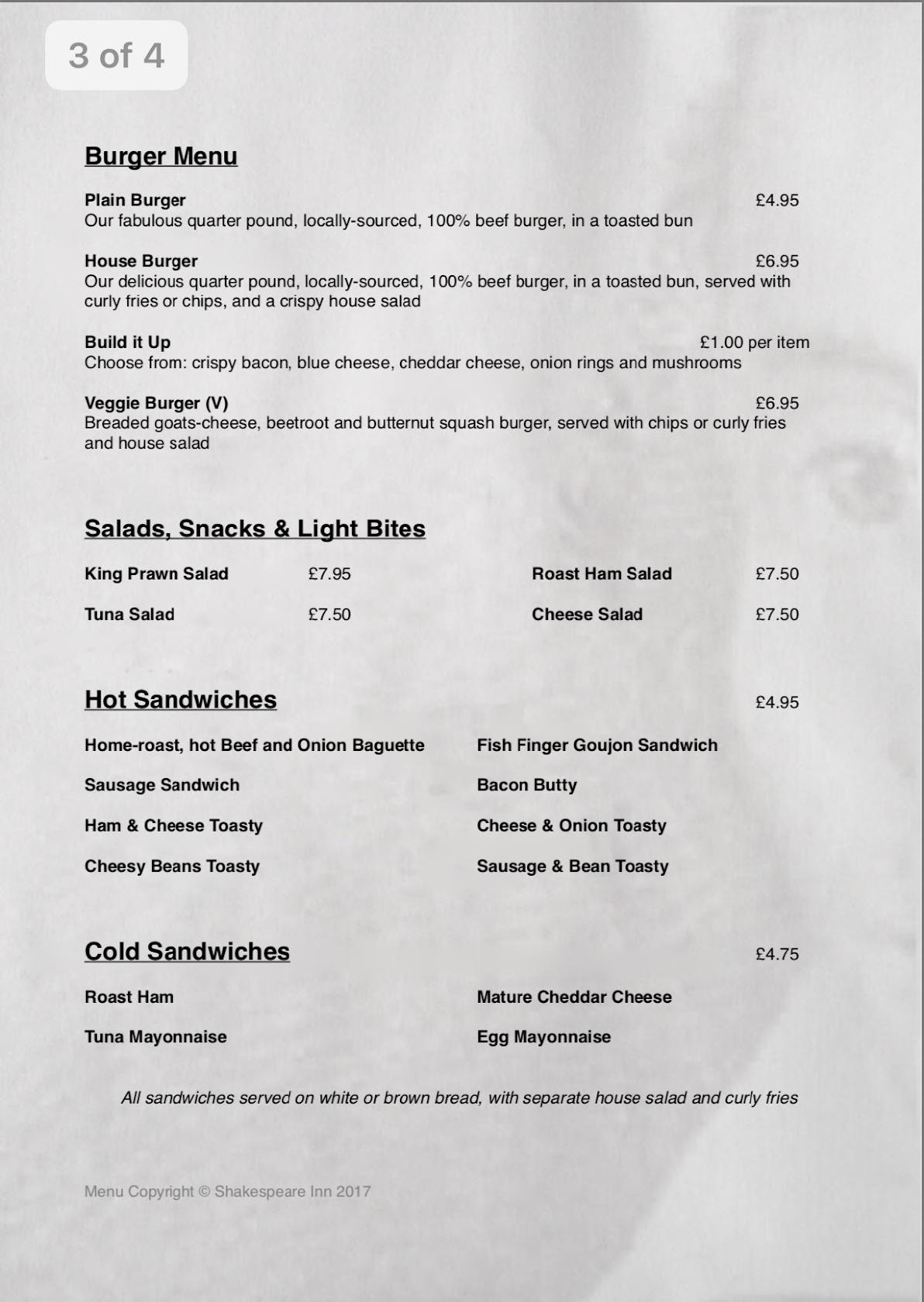 Menu at The Shakespeare Inn (B&B, Accommodation And Eatery) pub & bar ...