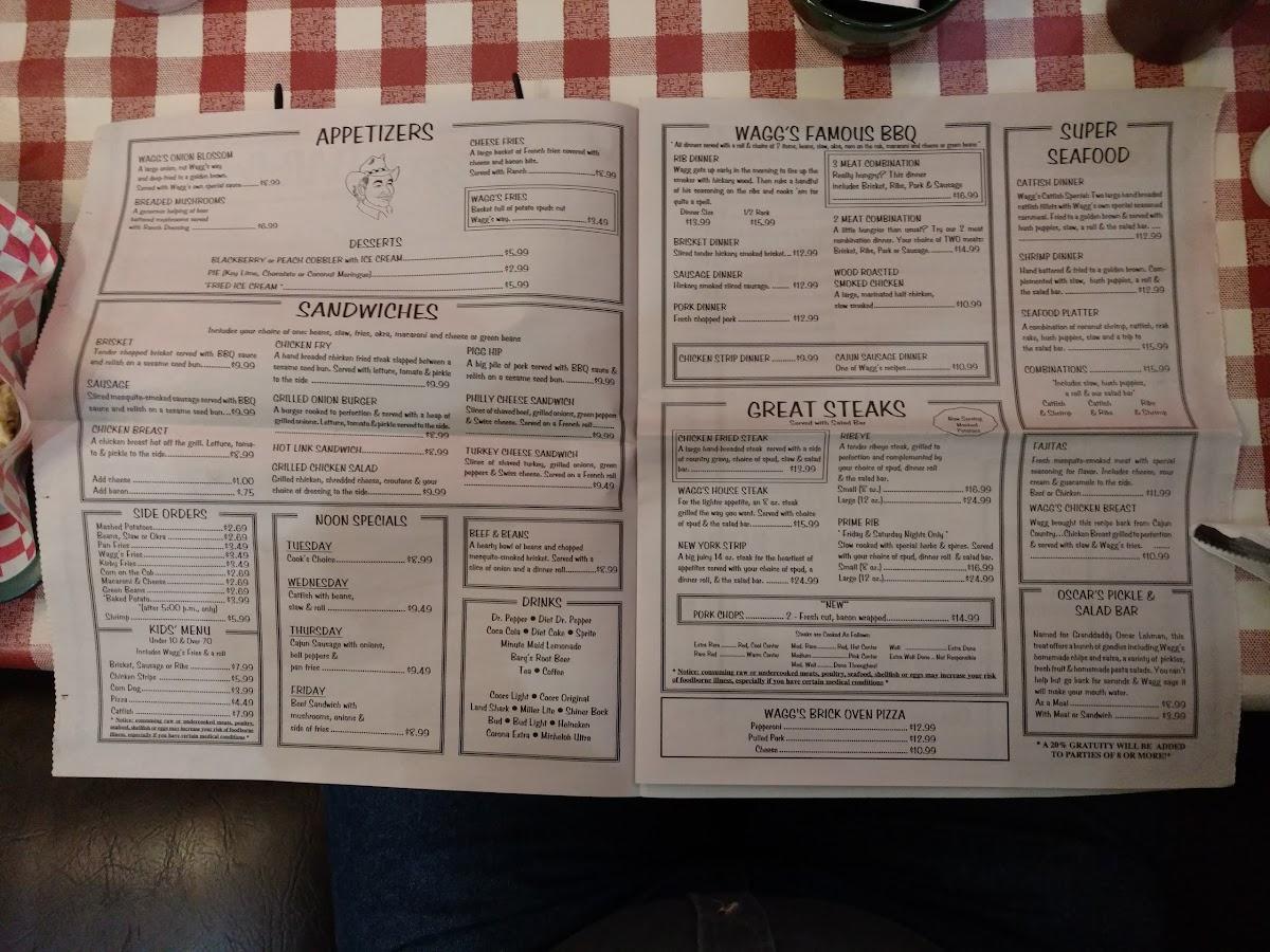 Menu at Wagg's Bar-B-Q, Woodward