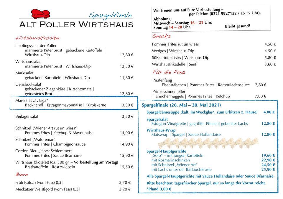 Speisekarte von Alt Poller Wirtshaus restaurant, Köln