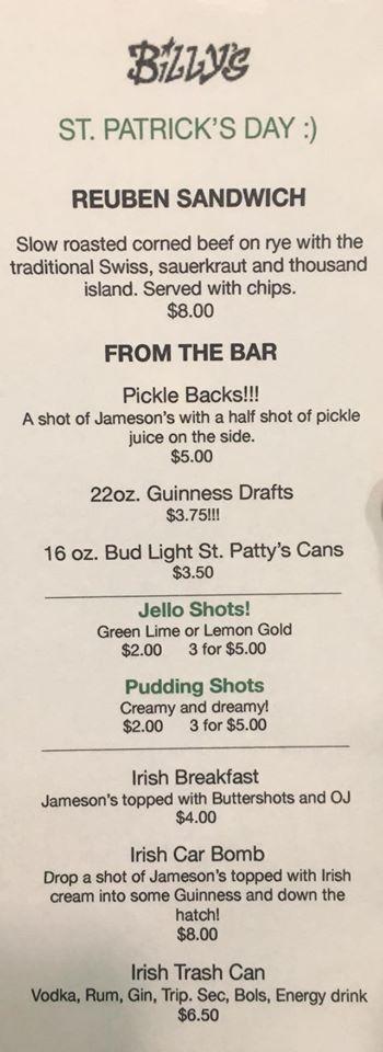 Menu at Billy's pub & bar, Oil City