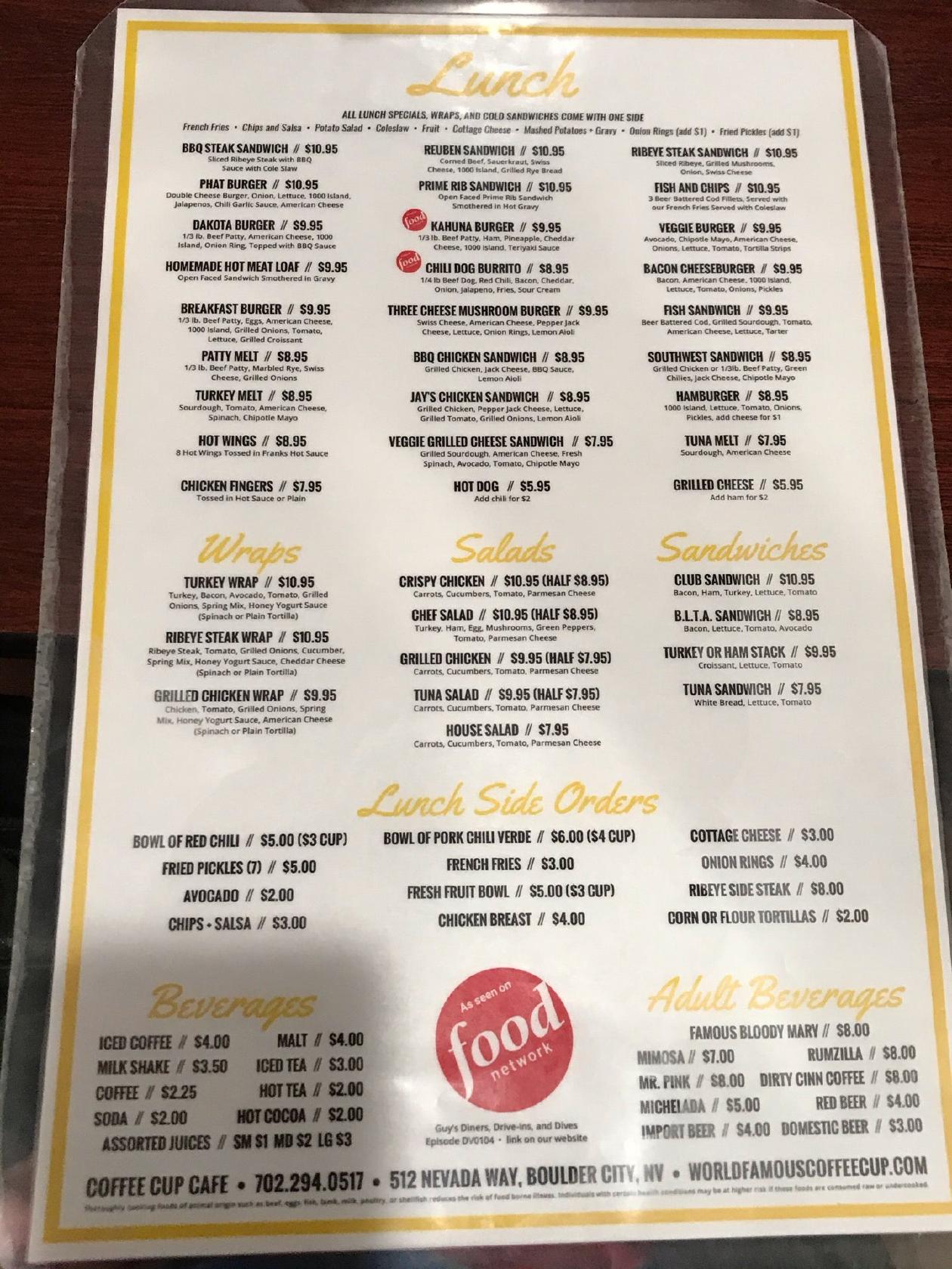 Menu at The Coffee Cup Cafe, Boulder City