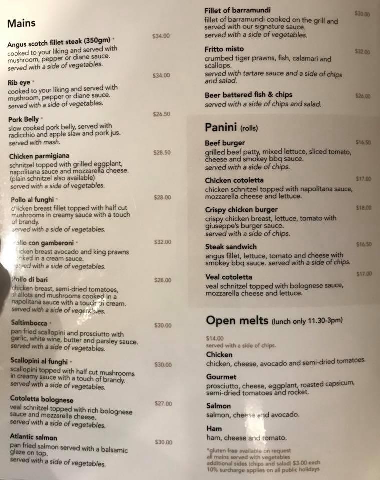 Menu at Giuseppe's Restaurant & Bar, Griffith