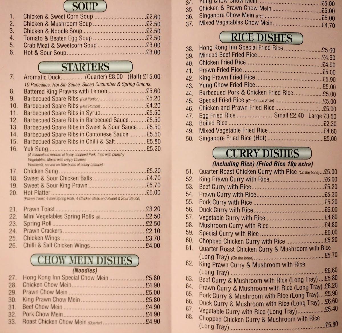 Menu at Hong Kong Inn pub & bar, Birmingham, 102 Redhill Rd