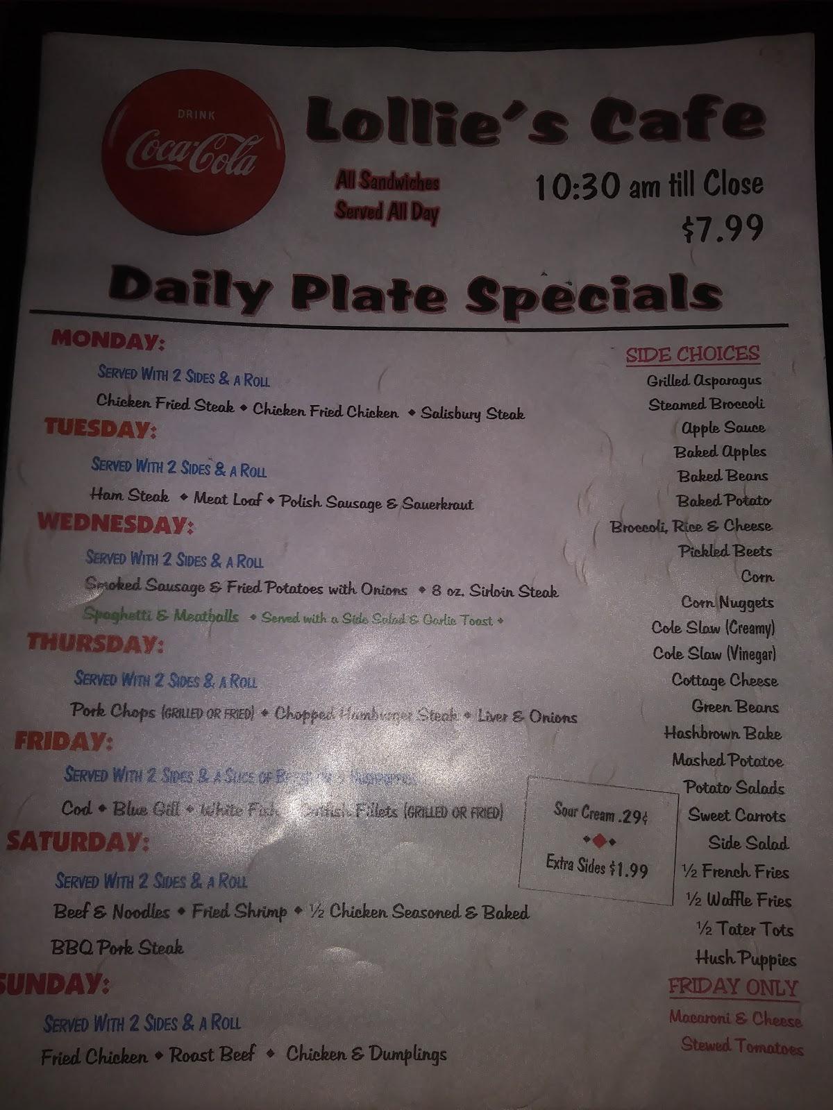 Menu at Lollie's Cafe, Sparta