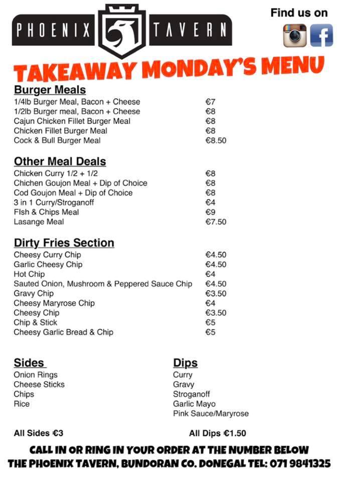 Menu at The Phoenix Tavern pub & bar, Bundoran