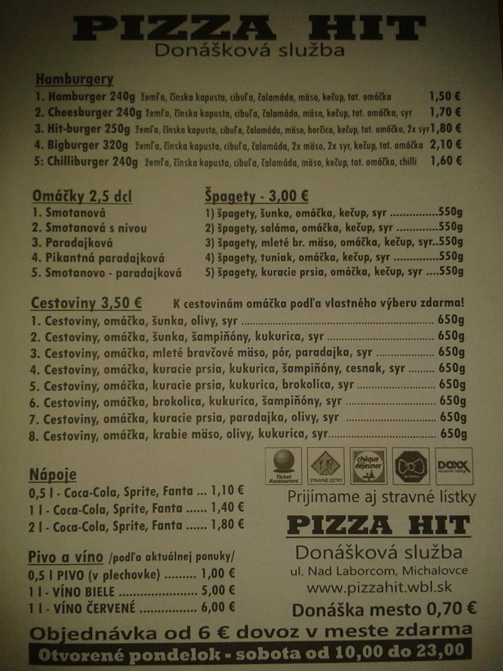 Menu at Pizza Hit pizzeria, Michalovce