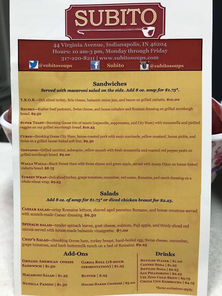Menu at Subito restaurant, Indianapolis