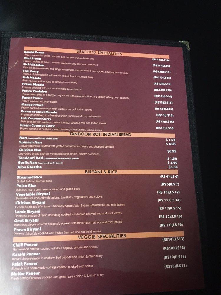 Menu at Thali Indian cuisine restaurant, Surrey