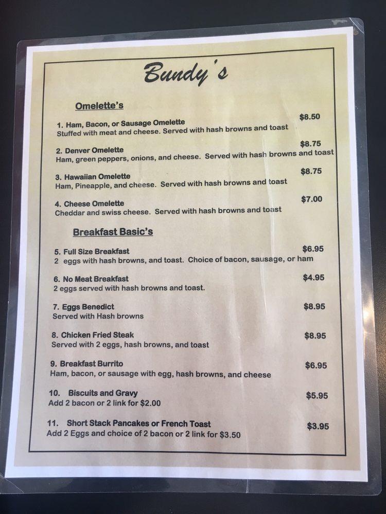 Menu at Bundy's Cafe Drive-In, Clatskanie