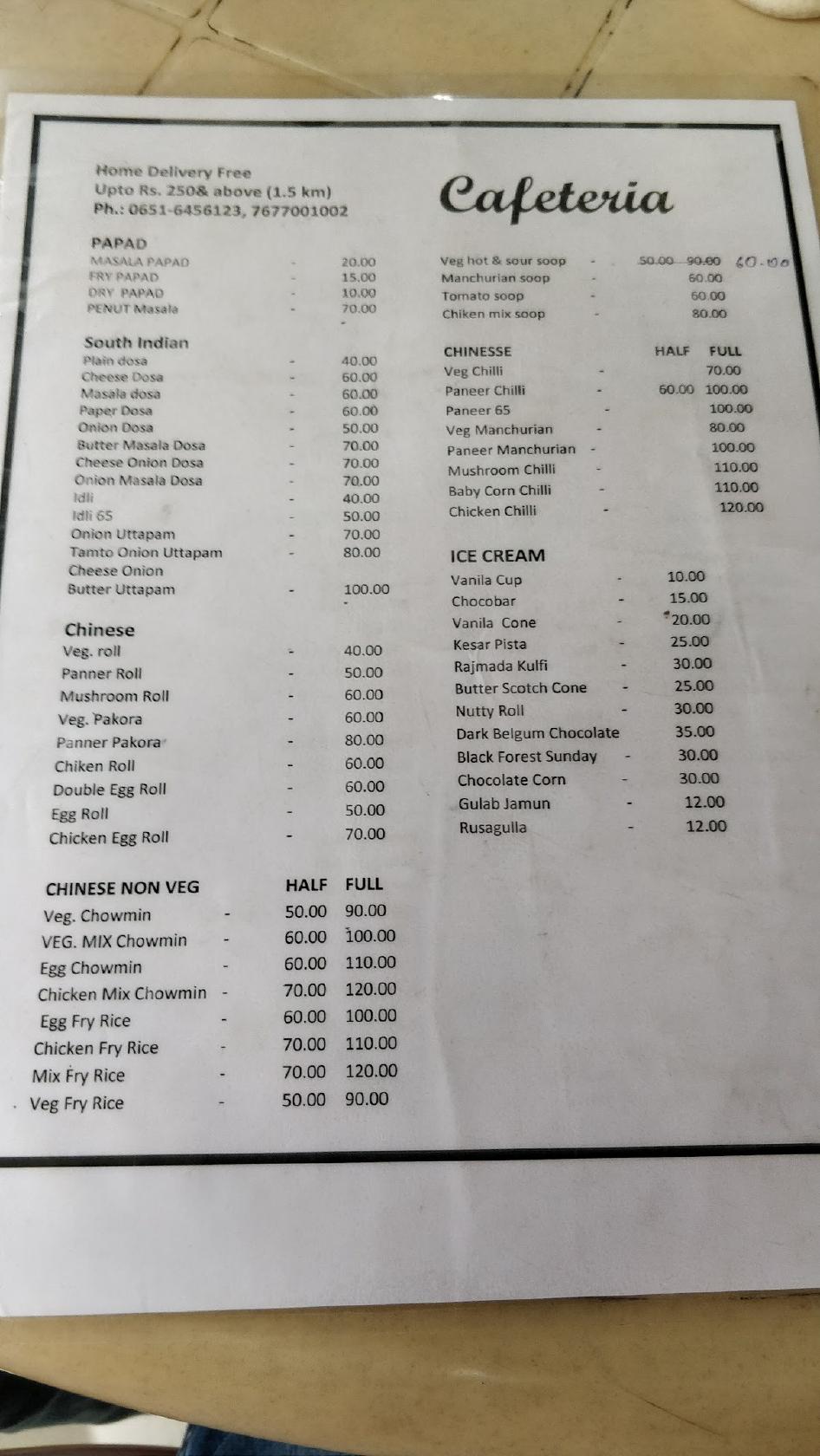 Menu at Cafeteria, Ranchi, 39