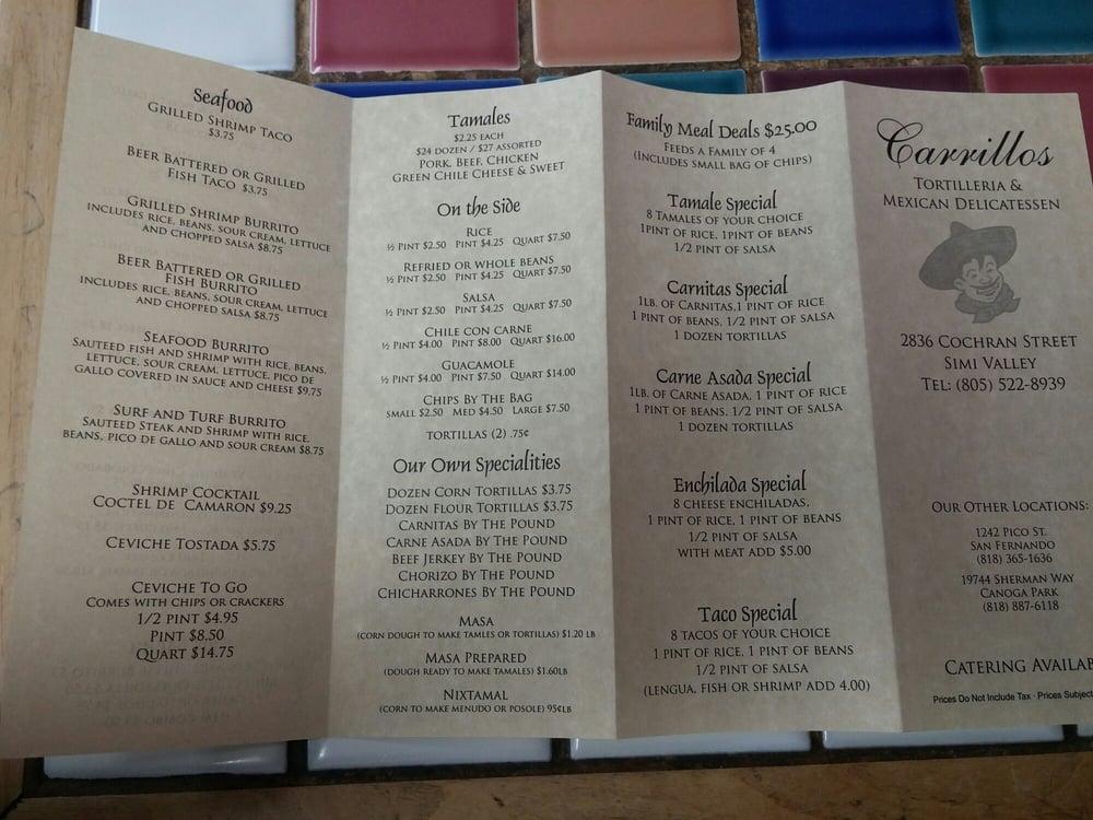 Menu at Carrillo's Mexican Deli restaurant, Simi Valley