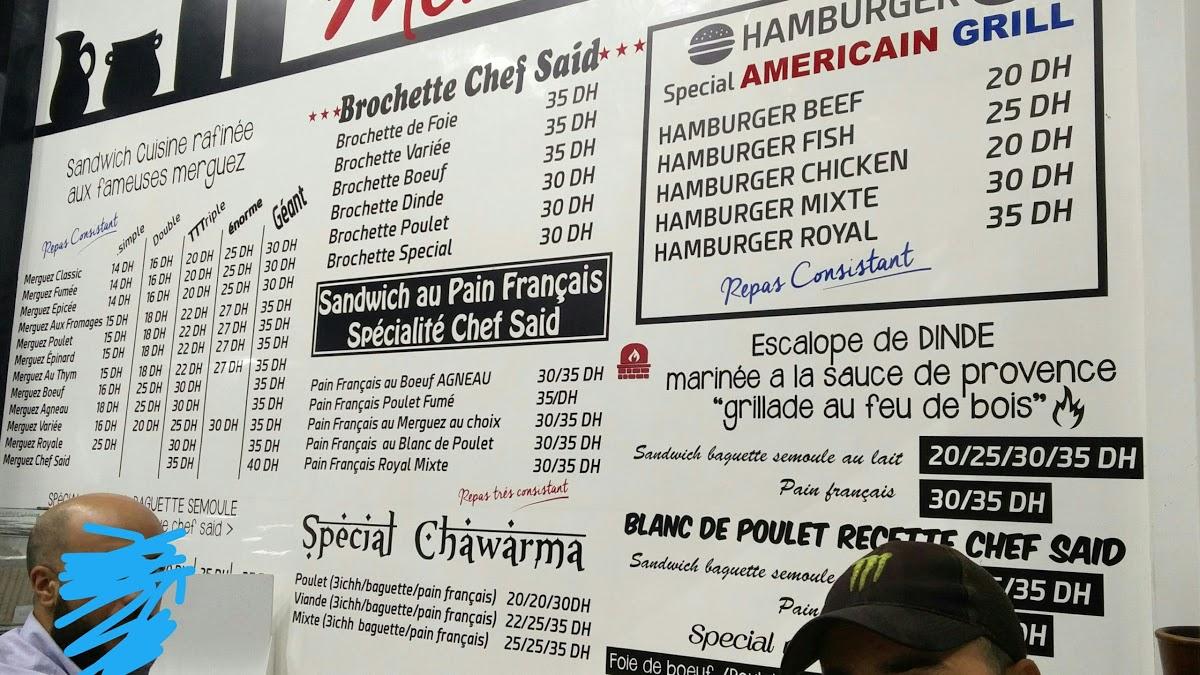 Menu au Chef Said restaurant, Casablanca, Résidence Nadia