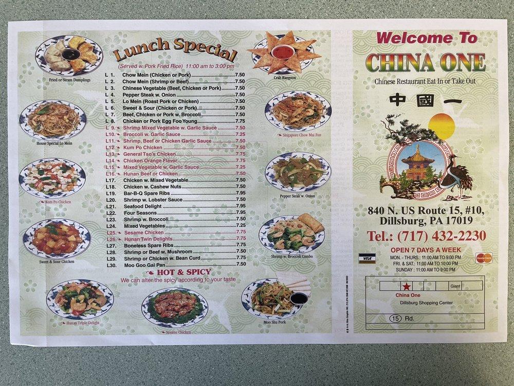 Menu at China One restaurant, Dillsburg, 840 N U.S. 15