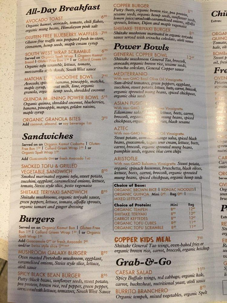 Menu at Copper Branch restaurant, Brossard