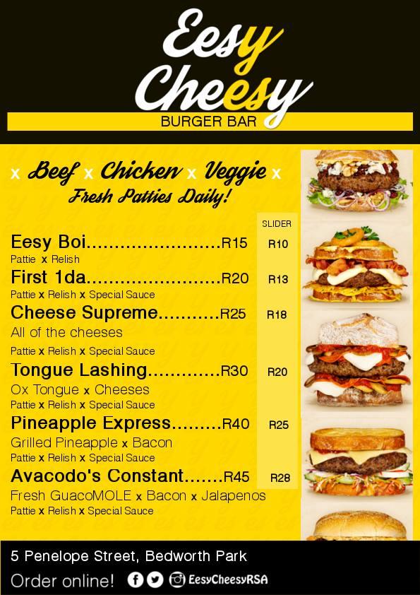Carta de Eesy Cheesy Burger Bar, Vereeniging, 5 Penelope St