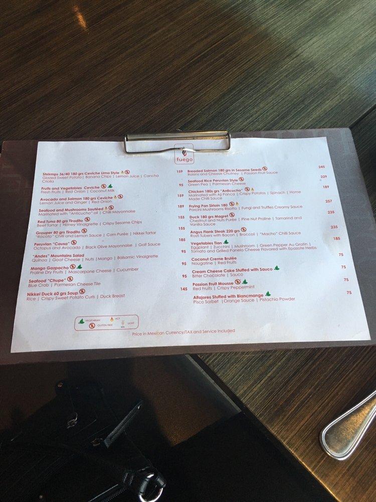 Menu at Fuego restaurant, Cancún