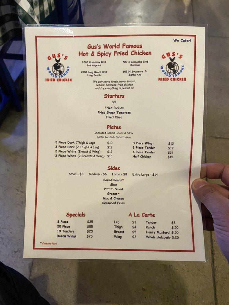 Menu at Gus's World Famous Fried Chicken restaurant, Santa Ana