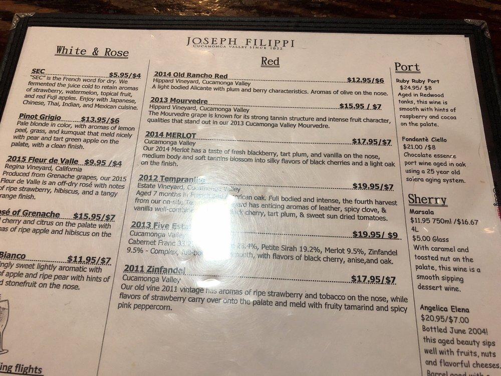 Menu at Joseph Filippi Winery & Vineyards restaurant, Rancho Cucamonga
