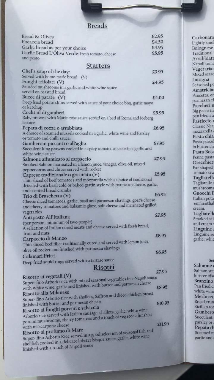 Menu at Le Olive Verdi restaurant, Gateshead