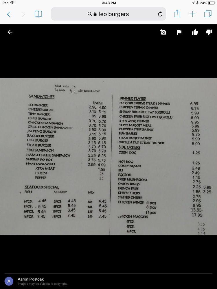 Menu at Leo's Burger restaurant, La Marque