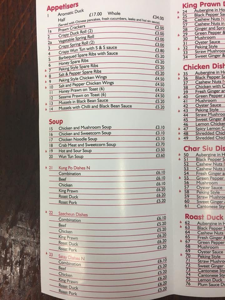 Menu at Loon Chen fast food, Langholm