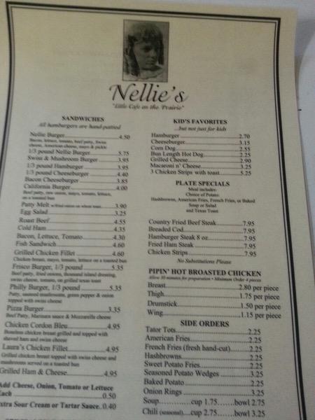Menu at Nellie's Cafe, Walnut Grove