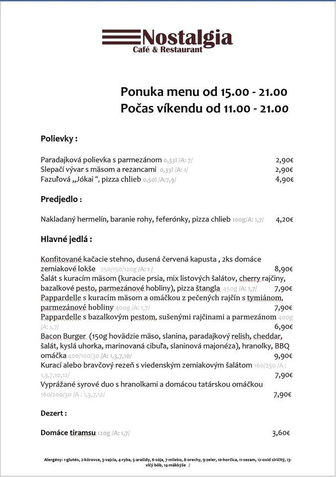 Menu at Nostalgia Café & Restaurant, Bratislava