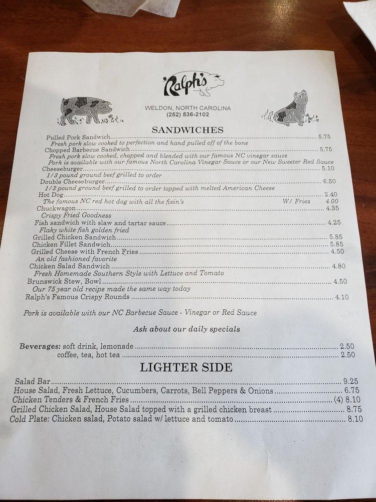 Menu at Ralph's Barbecue, Weldon