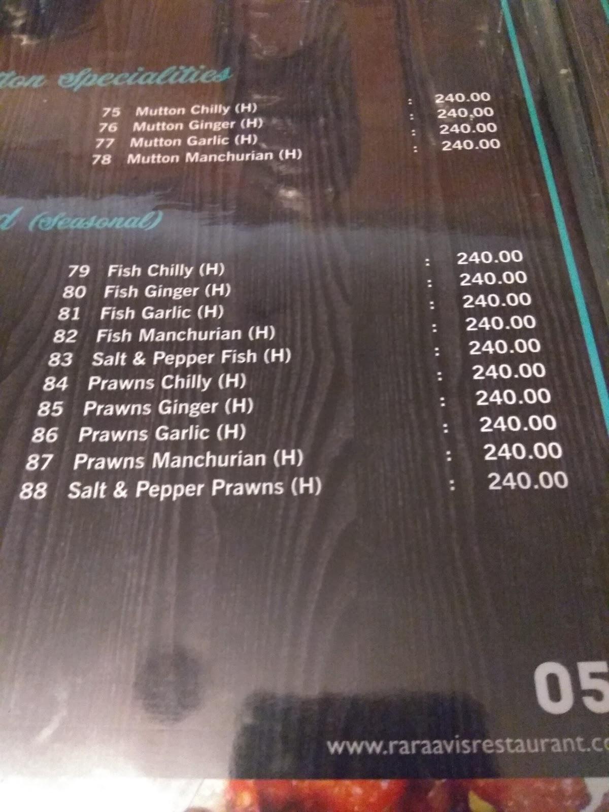 Menu at Rara Avis, Thalassery