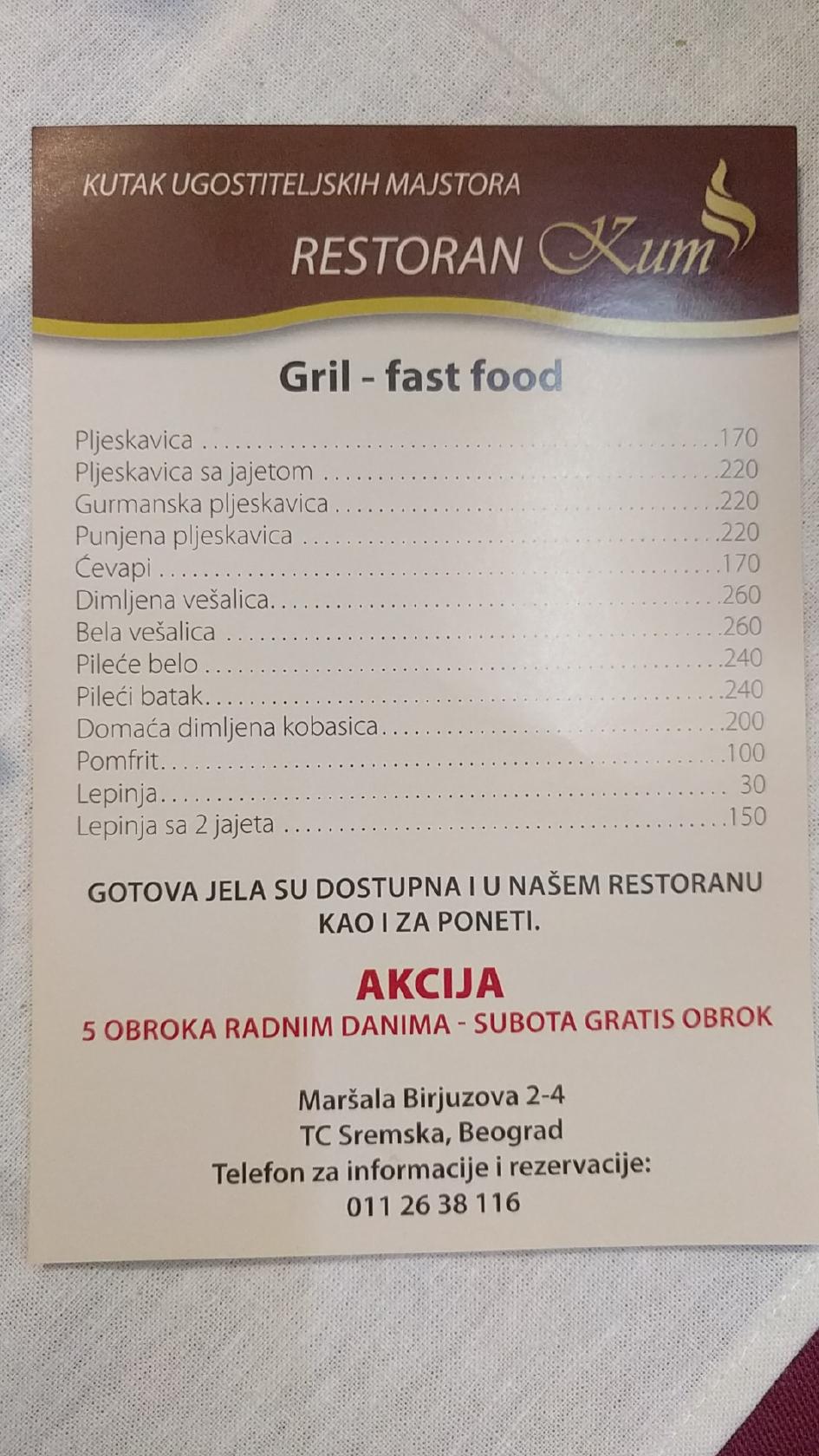Menu at Restoran KUM restaurant, Belgrade
