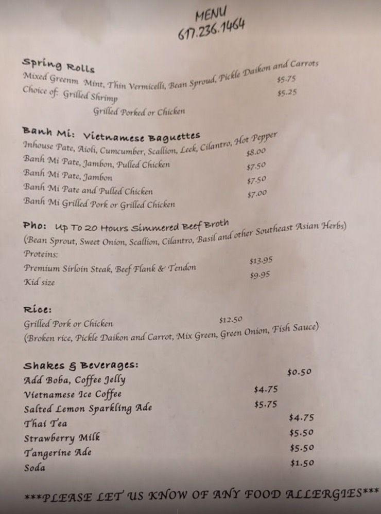 Menu at Saigon Fusion restaurant, Boston
