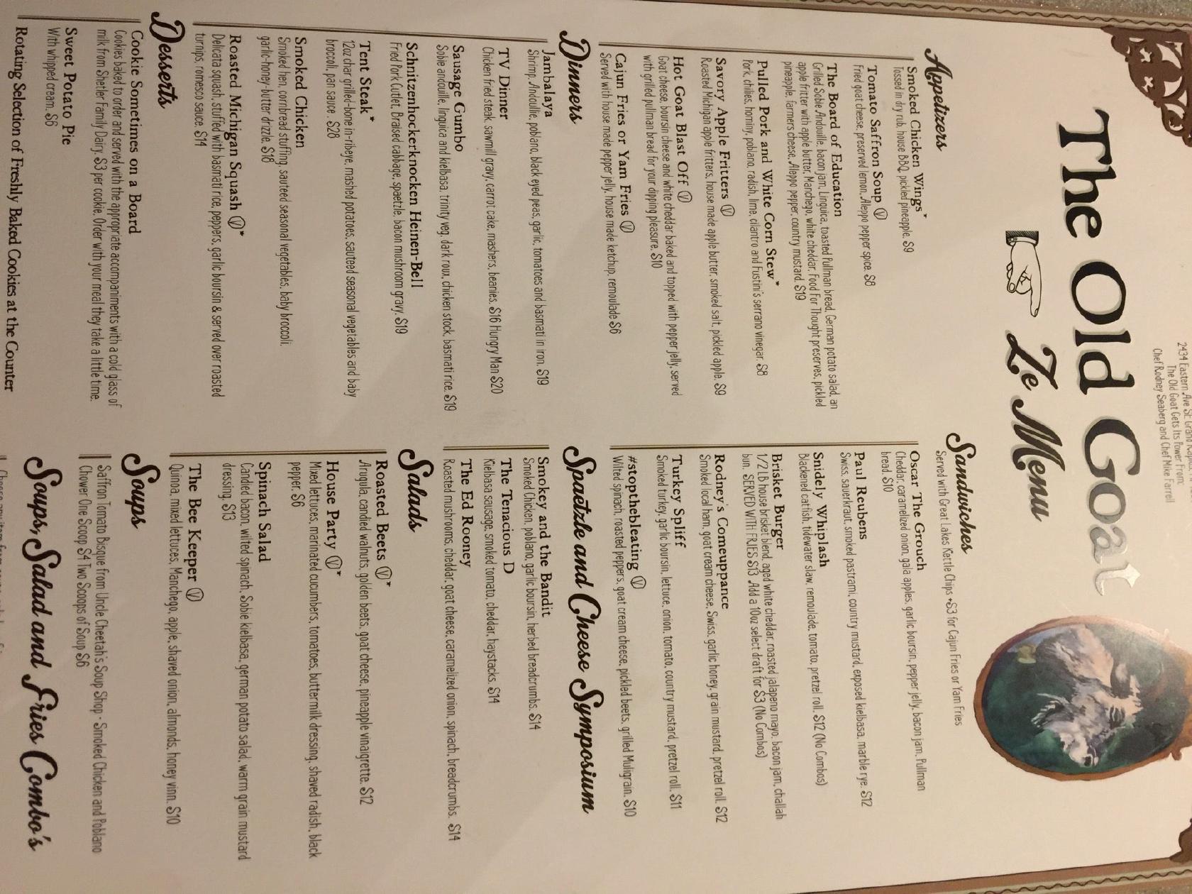Menu at The Old Goat restaurant, Grand Rapids